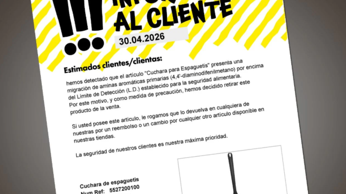 Retiran esta cuchara para espaguetis por la presencia de aminas aromáticas